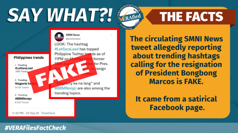 VERA FILES FACT CHECK: SMNI tweet on calls for Marcos resignation, #LetSaraLead FAKE - VERA Files