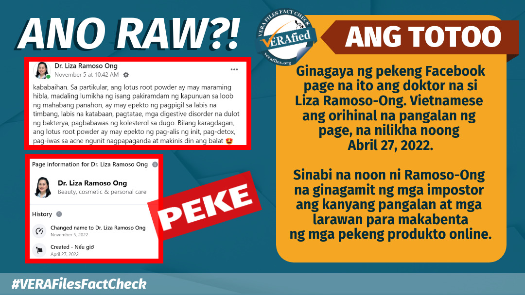 VERA FILES FACT CHECK: FAKE Liza Ong Facebook page posts ad for ...