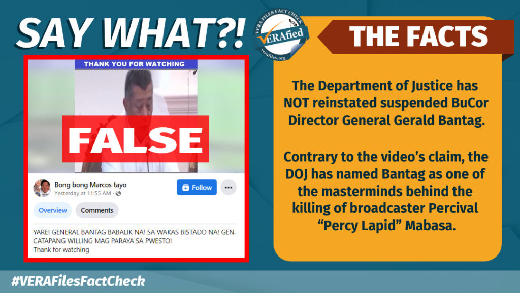 VERA FILES FACT CHECK: Gerald Bantag NOT back as BuCor chief - VERA Files