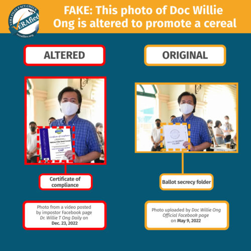 Another FAKE ad uses Doc Willie Ong’s name to promote weight loss cereal