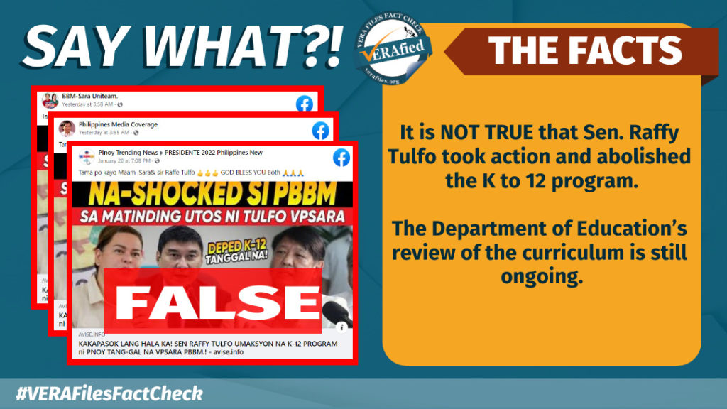 VERA FILES FACT CHECK Posts FALSELY Claim Tulfo Abolished K To 12 VERA FILES FACT CHECK Posts FALSELY Claim Tulfo Abolished K To 12