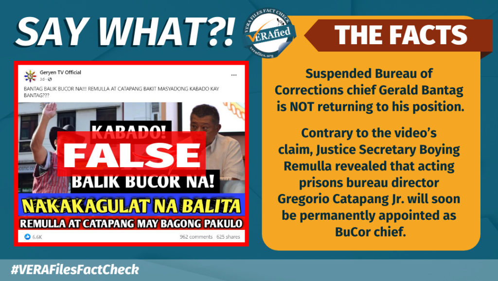 Bantag reinstated as BuCor chief NOT TRUE