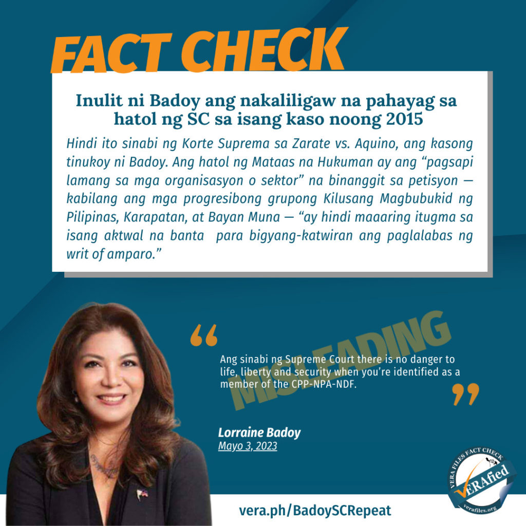 VERA FILES FACT CHECK: Badoy inulit ang mapanlinlang na pahayag tungkol sa desisyon ng SC noong ...