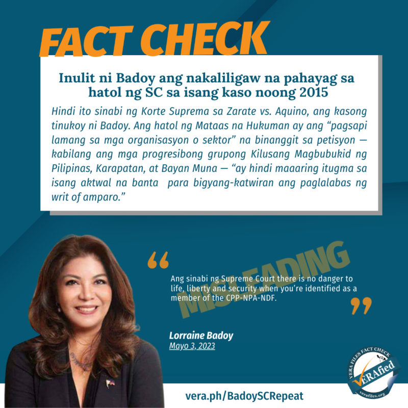 VERA FILES FACT CHECK: Badoy inulit ang mapanlinlang na pahayag tungkol sa desisyon ng SC noong ...