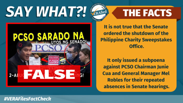 VERA FILES FACT CHECK: NO Senate order to close PCSO - VERA Files