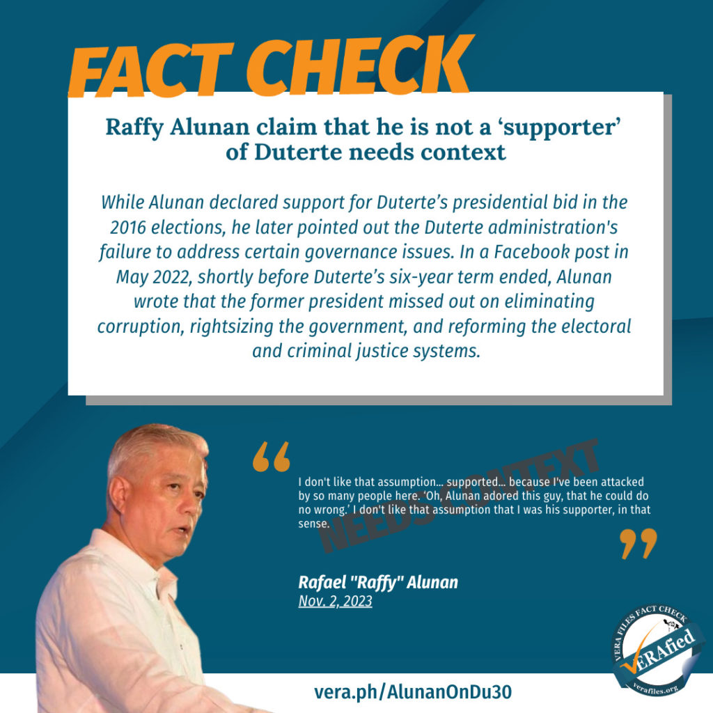 VERA FILES FACT CHECK: Raffy Alunan claim that he is not a ‘supporter ...