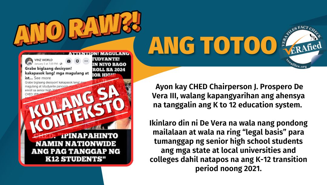 VERA FILES FACT CHECK: FB video NEEDS CONTEXT, K-12 not abolished - VERA Files
