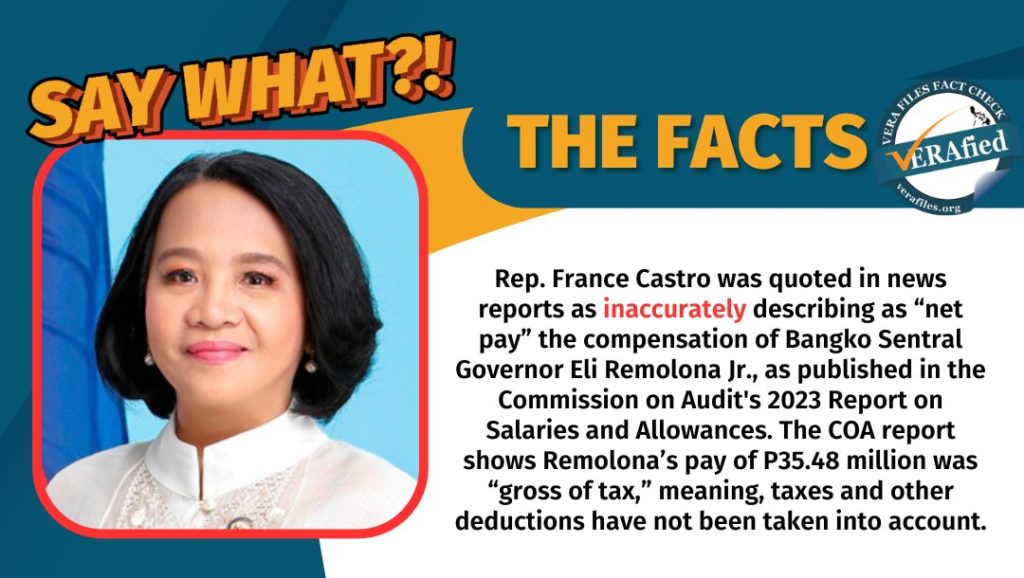 France Castro's statement on BSP Gov Remolona Jr.'s pay INACCURATE