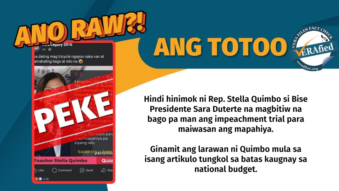 Quimbo urging VP Sara to resign before impeachment trial FAKE