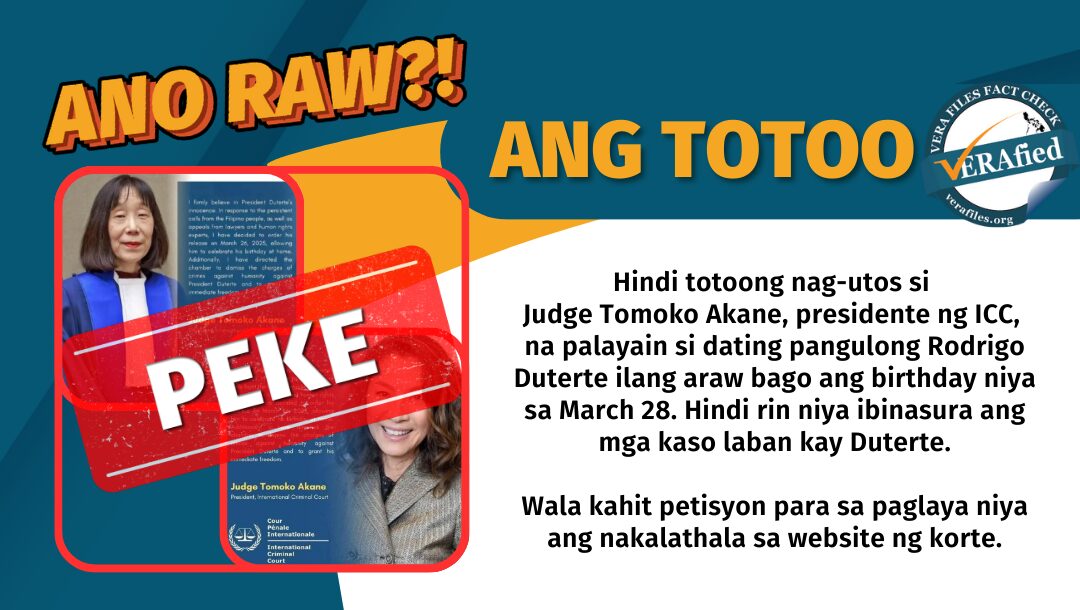 NO release order from ICC president Tomoko Akane for Duterte's birthday