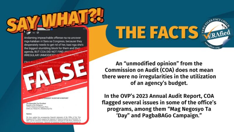 COA 'unmodified opinion' did NOT clear OVP of irregularities